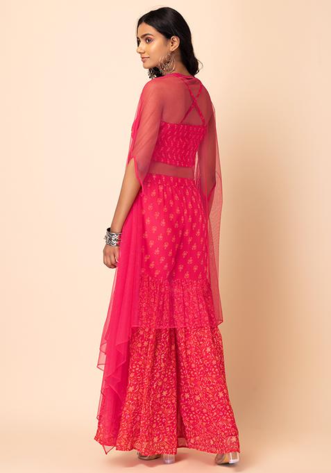 Buy Women Hot Pink Jacket With Floral Print Crop Top And Sharara Set Of 3 Ico00294 Kurta