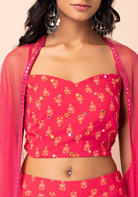 Buy Women Hot Pink Jacket With Floral Print Crop Top And Sharara Set Of 3 Ico00294 Kurta