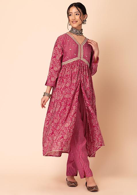 Buy Women Pink Batik Print Embroidered Muslin Kurta With Pants (Set Of ...