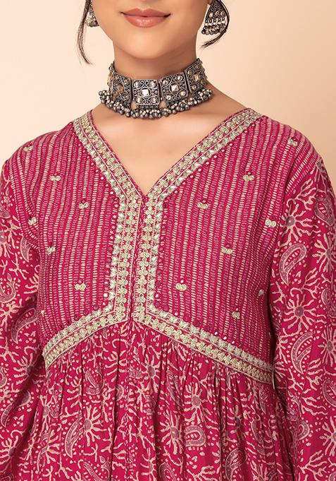 Buy Women Pink Batik Print Embroidered Muslin Kurta With Pants (Set Of ...