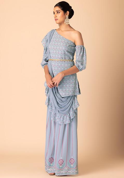 Buy Women Light Blue Foil Print Sharara And Short Kurta With Attached ...
