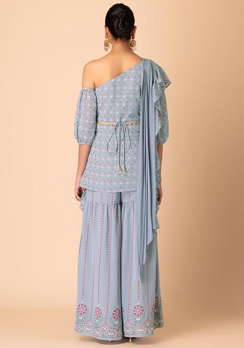 Buy Women Light Blue Foil Print Sharara And Short Kurta With Attached ...