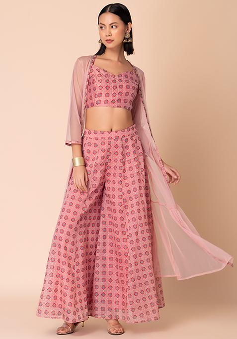 Buy Women Light Pink Ajrakh Print Sharara With Strappy Top And Jacket ...