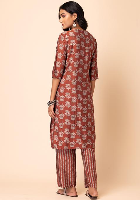 Buy Women Rust Batik Boota Print Muslin Kurta And Pants (Set Of 2 ...