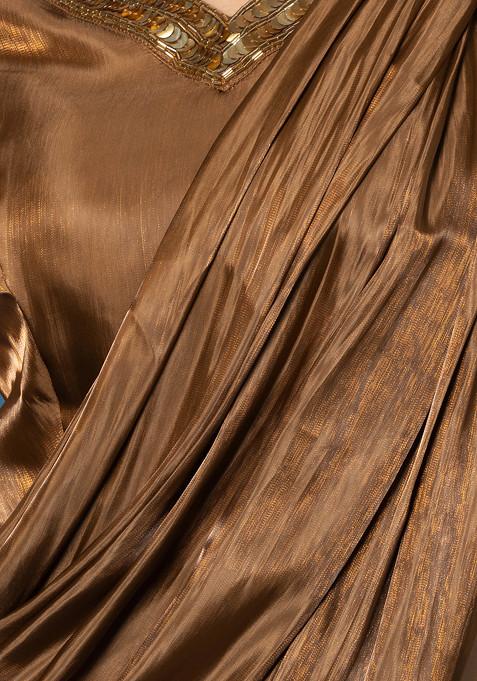 Buy Women Copper Shimmer Satin Pre-Stitched Saree With Hand Embroidered ...