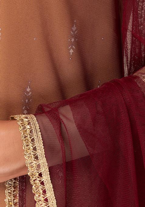 Buy Women Maroon Lace Detail Mesh Dupatta - IDP00175 - RTW - Indya