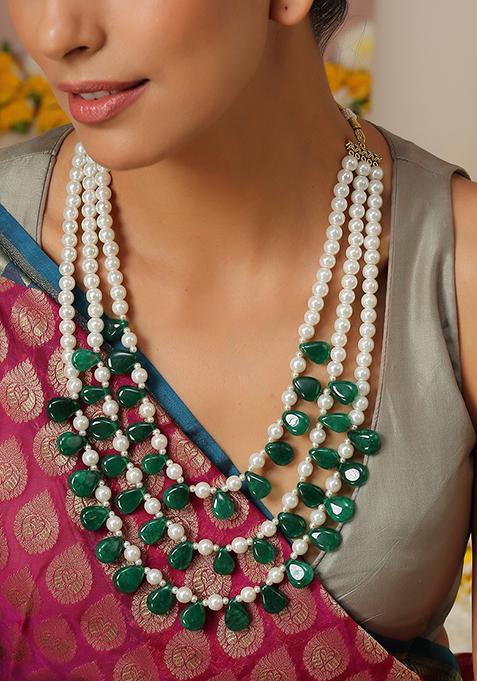 Buy Women Dark Green And White Pearl Layered Necklace - IJN00291 ...