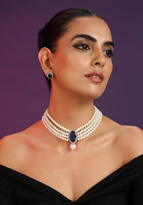 Buy Women Blue Gold Tone Pearl Layered Necklace Set With Earrings ...