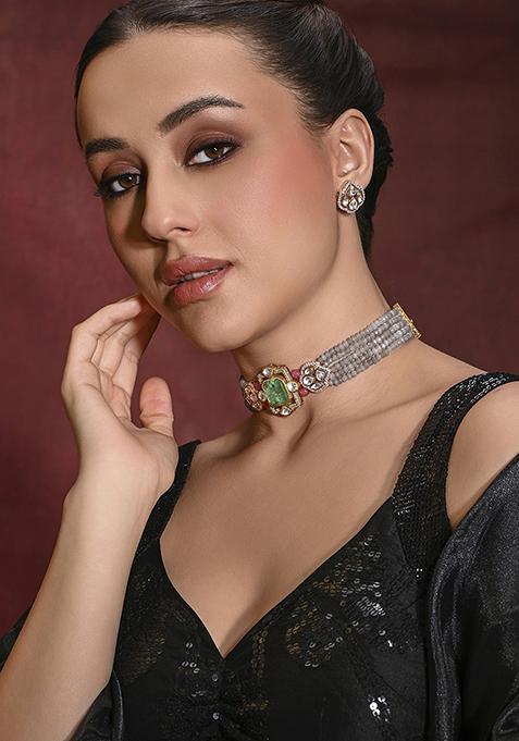 Buy Women Grey Beaded Choker Set With Earrings - IJS00459 - Fashion ...
