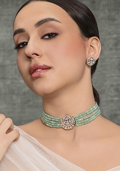 Buy Women Pastel Green Beaded Choker Set With Earrings - IJS00460 ...