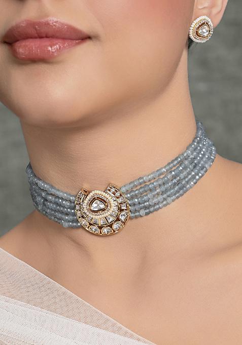 Buy Women Pastel Blue Beaded Choker Set With Earrings - Necklace Set ...