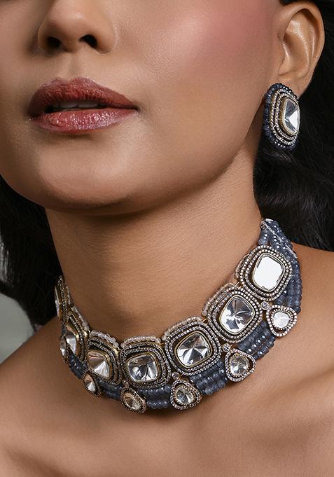 Buy Women Gold Finish Blue Tone Beaded Choker Set With Earrings ...