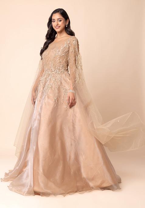 Buy Women Beige Sequin Embellished Sheer Back Gown - ILG00042 - Roka ...