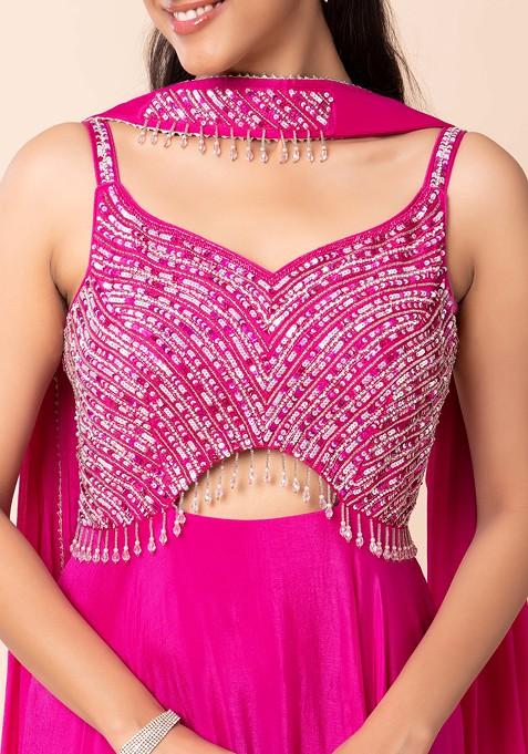Buy Women Fuchsia Pink Sequin Embellished Anarkali Gown With Dupatta
