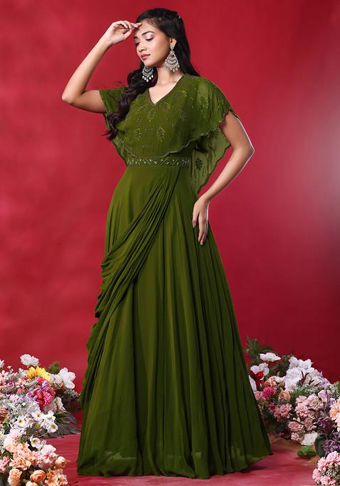 Buy Women Olive Green Bead Hand Embroidered Gown - Gowns - Indya