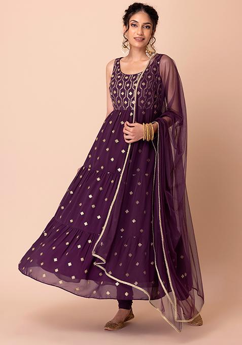 Buy Women Sangria Purple Sequin And Zari Embroidered Tiered Anarkali ...