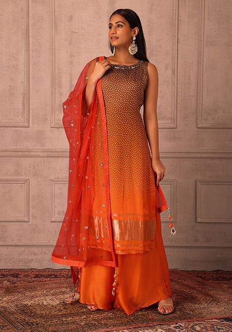 Buy Women Rust Orange Sharara Set With Straight Embroidered Kurta And ...