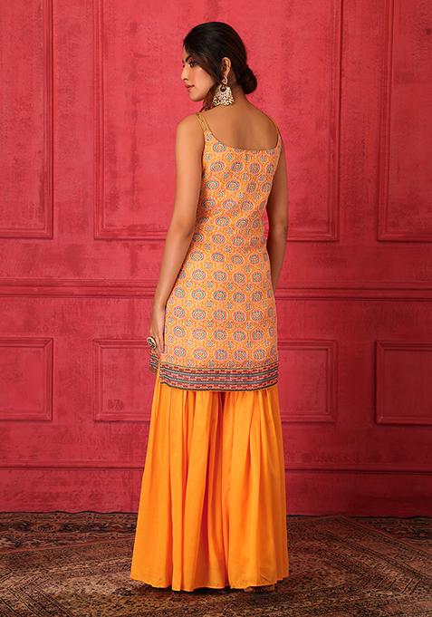 Buy Women Mustard Yellow Sharara Set With Short Embroidered Kurta And ...