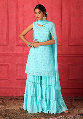 Buy Women Powder Blue Sharara Set With Straight Embroidered Kurta And ...