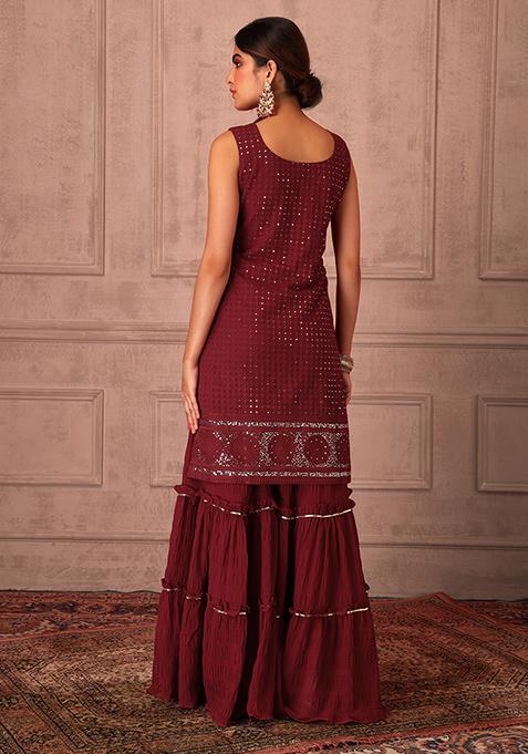 Buy Women Red Sharara Set With Short Embroidered Kurta And Dupatta ...