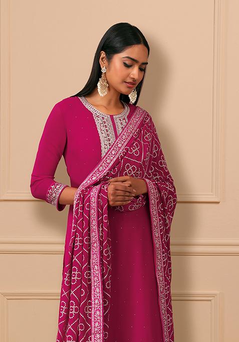 Buy Women Rani Pink Zari Embroidered Kurta Set With Palazzo Pants And ...