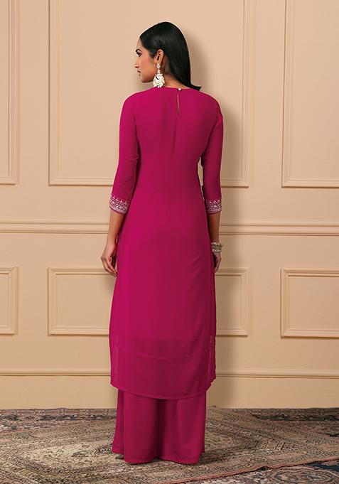 Buy Women Rani Pink Zari Embroidered Kurta Set With Palazzo Pants And ...