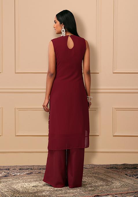 Buy Women Ruby Red Lurex Embroidered Kurta Set With Palazzo Pants And Dupatta - ILK00176 - Three ...