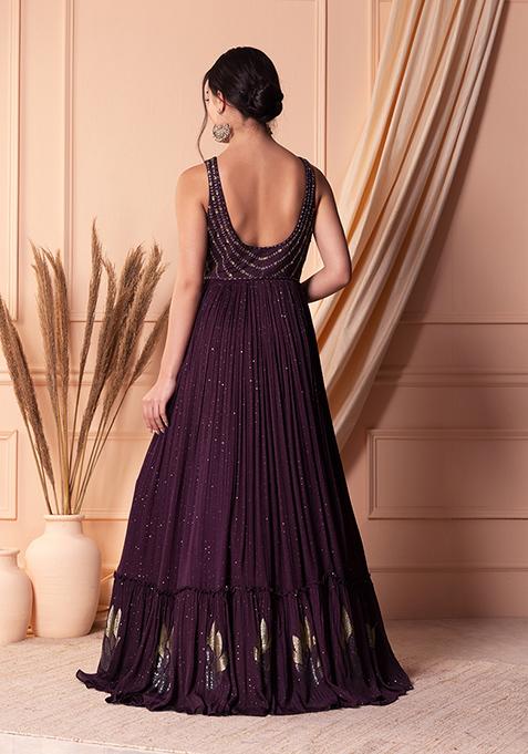 Buy Women Wine Thread Embroidered Tiered Anarkali Gown - ILK00195 ...