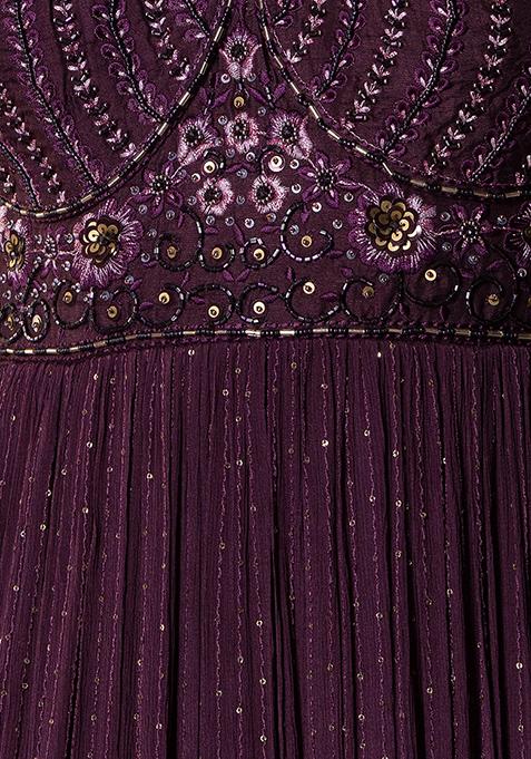 Buy Women Wine Thread Embroidered Tiered Anarkali Gown - ILK00195 ...