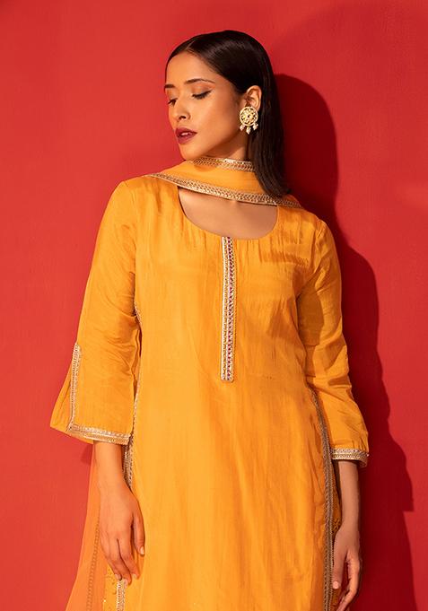 Buy Women Orange Sequin Embroidered Kurta Set With Palazzo And Dupatta ...