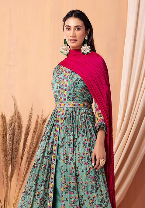 Buy Women Sage Green Multicolour Floral Print Anarkali Suit Set With ...
