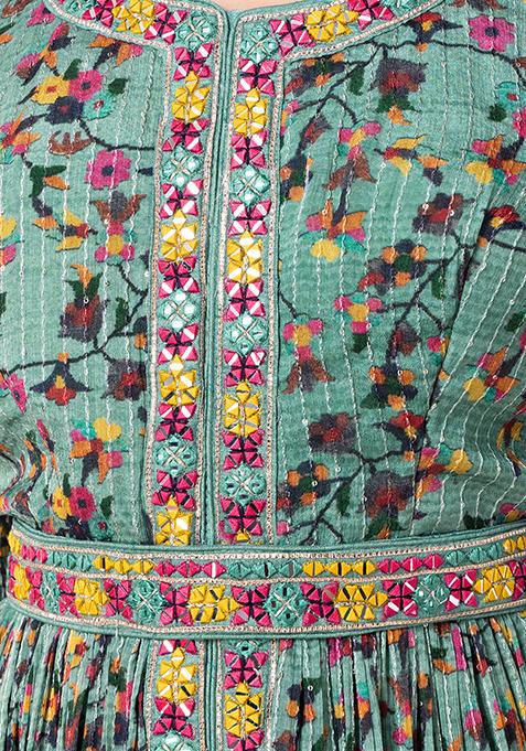 Buy Women Sage Green Multicolour Floral Print Anarkali Suit Set With ...