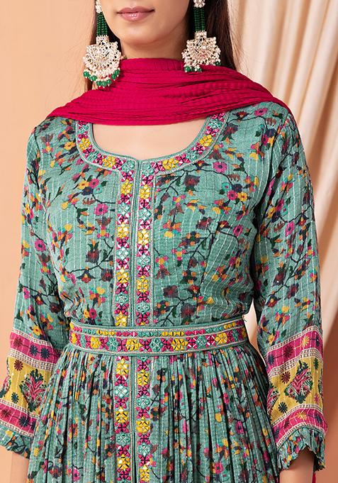 Buy Women Sage Green Multicolour Floral Print Anarkali Suit Set With ...