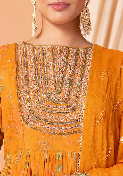 Buy Women Orange Floral Print Embroidered Anarkali Gown With Dupatta ...
