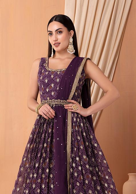 Buy Women Wine Bandhani Print Embroidered Anarkali Suit Set With ...