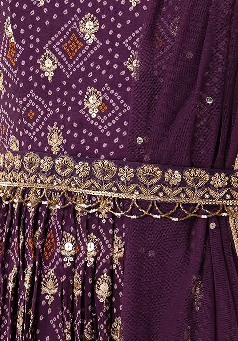 Buy Women Wine Bandhani Print Embroidered Anarkali Suit Set With ...