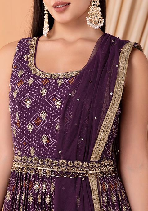 Buy Women Wine Bandhani Print Embroidered Anarkali Suit Set With ...