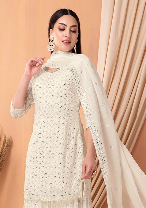 Buy Women White Sequin Embroidered Gharara Set With Kurta And Dupatta ...