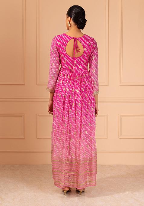 Buy Women Pink Bandhani Print Embroidered Anarkali Suit Set With ...