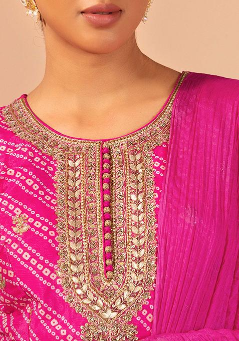 Buy Women Pink Bandhani Print Embroidered Anarkali Suit Set With ...