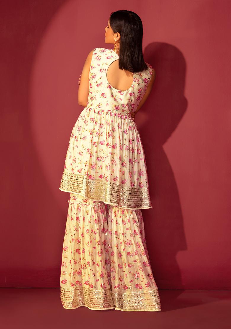 Buy Women Ivory Floral Print Sharara Set With Short Kurta And Dupatta ...