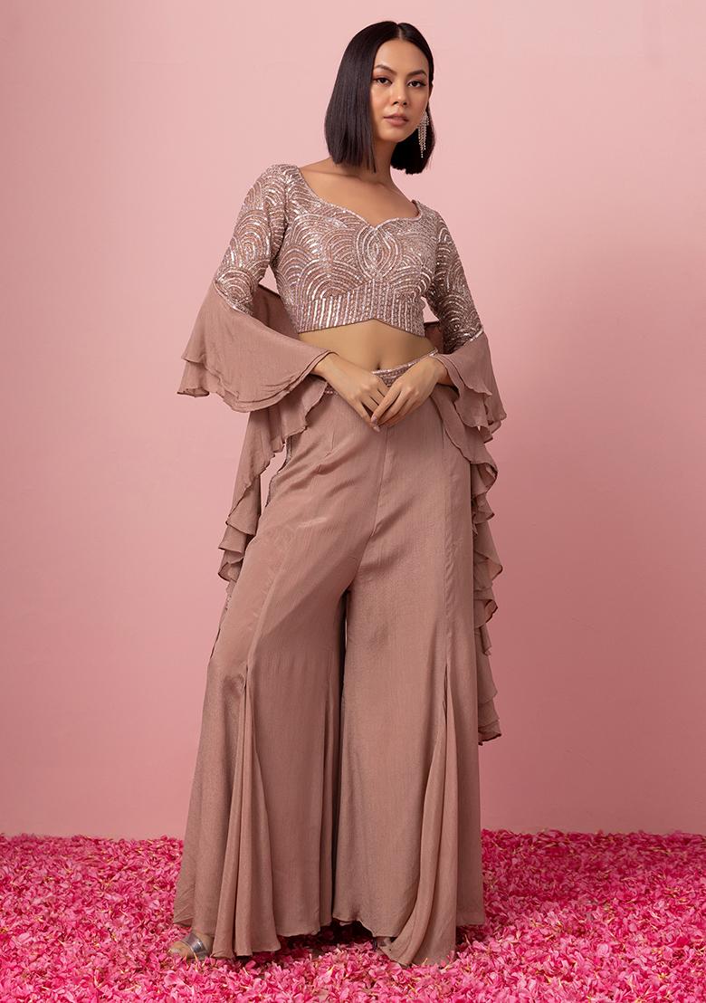 Buy Women Rose Pink Palazzo Set With Sequin Embroidered Blouse And ...