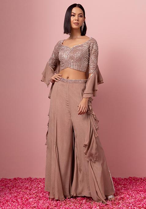 Buy Women Rose Pink Palazzo Set With Sequin Embroidered Blouse And ...