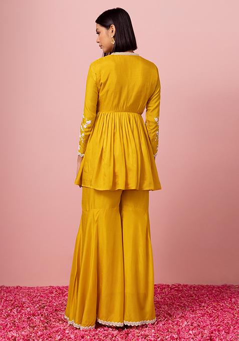 Buy Women Yellow Sharara Set With Floral Embroidered Kurta And Organza ...