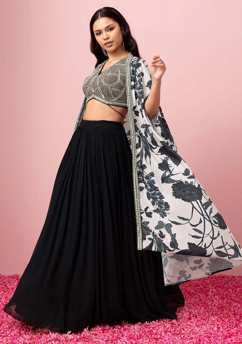 Buy Women Black Lehenga Set With Embroidered Blouse And Contrast Jacket ...