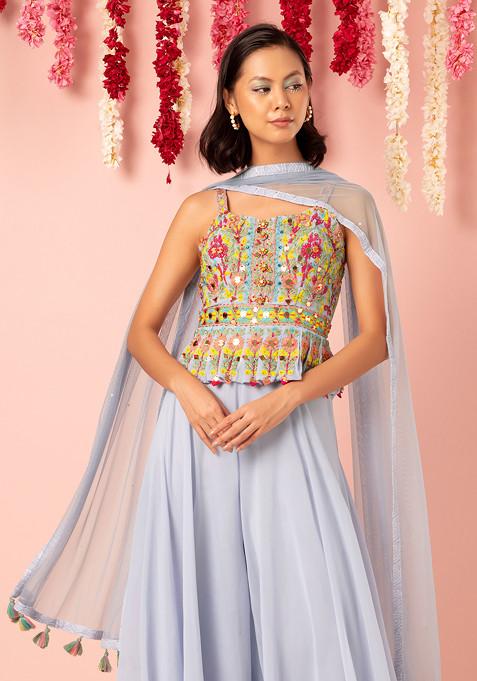 Buy Women Pastel Blue Sharara Set With Multicolour Embroidered Peplum ...