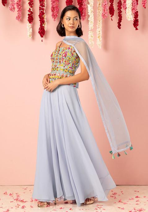 Buy Women Pastel Blue Sharara Set With Multicolour Embroidered Peplum ...