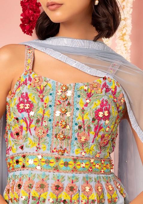 Buy Women Pastel Blue Sharara Set With Multicolour Embroidered Peplum ...