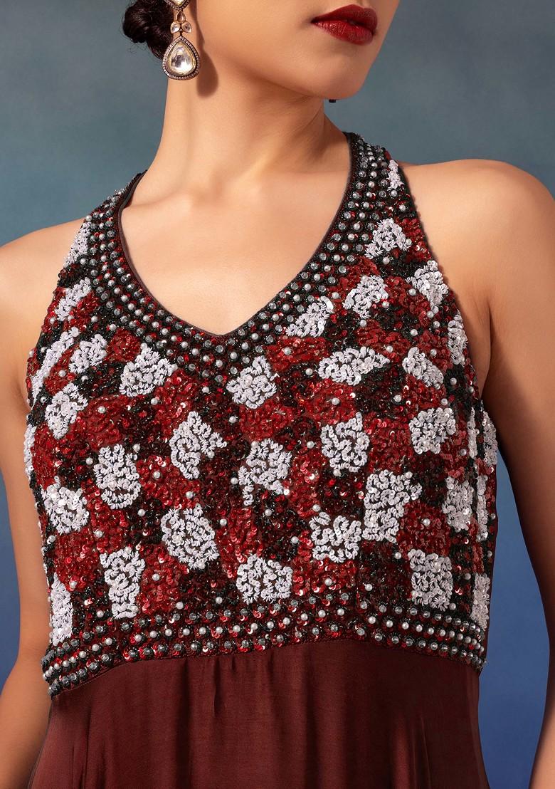 Buy Women Deep Maroon Sequin Hand Embroidered Satin Gown - ILK00762 ...