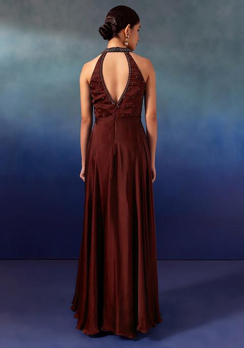 Buy Women Deep Maroon Sequin Hand Embroidered Satin Gown - ILK00762 ...